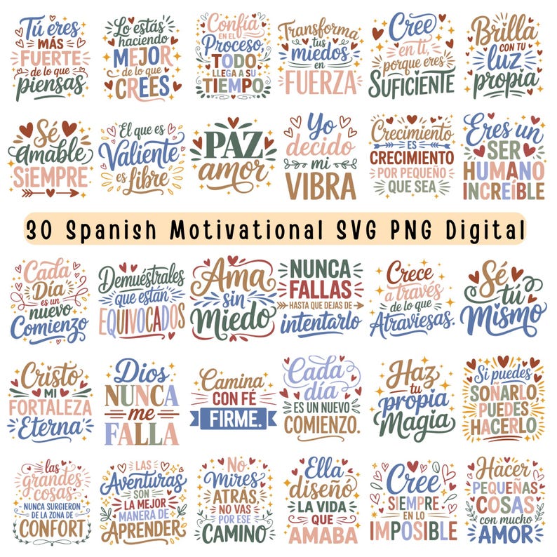 30 Spanish Motivational Frases Quotes SVG Bundle: Inspiration (digital ...