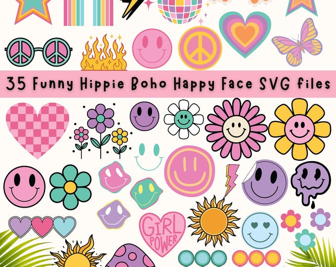 Retro Character Design SVG Clipart, 60s Smiley Face SVG/PNG Collection ...