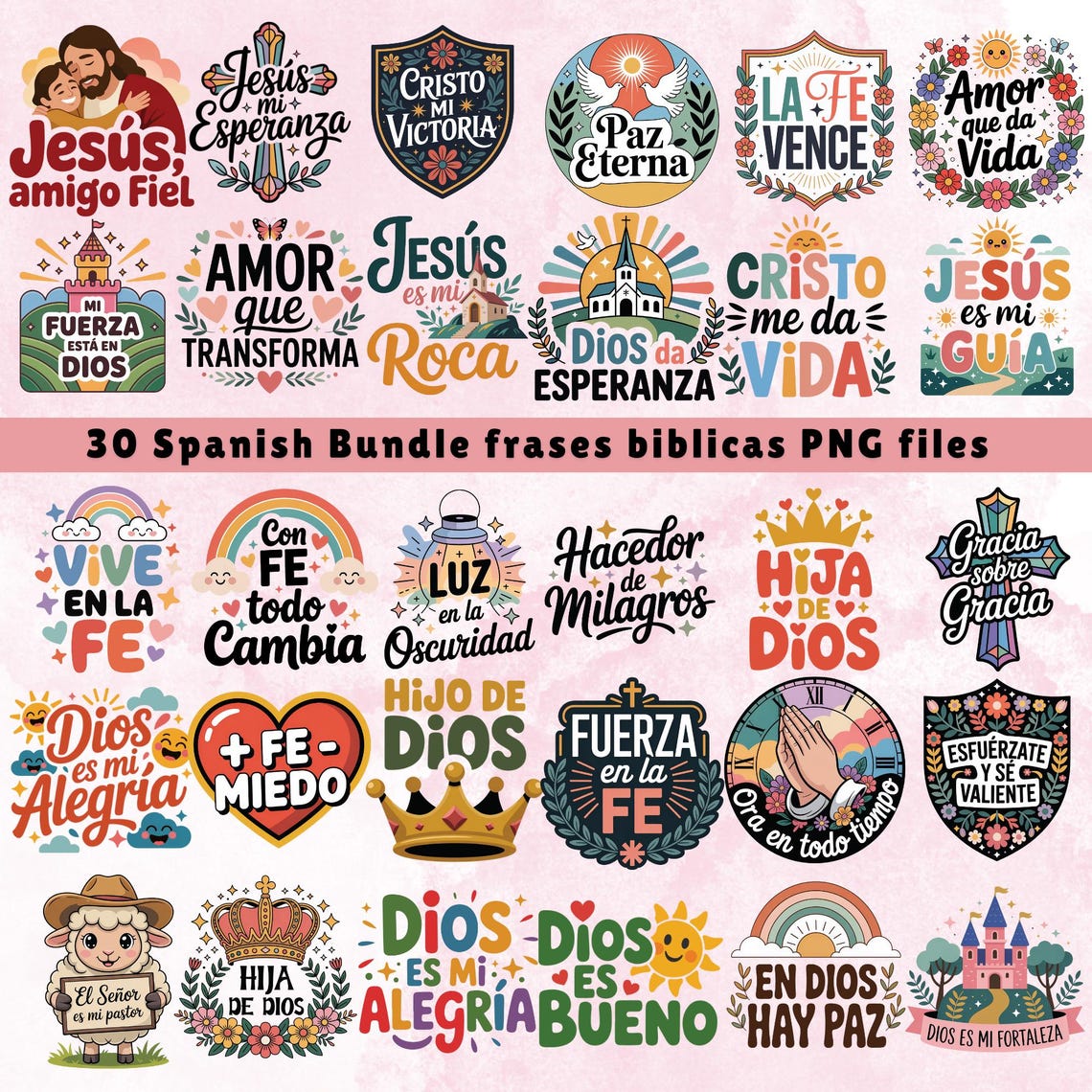 30 Spanish Bible Verse Sticker PNG Bundle: Christian Phrases Frases ...