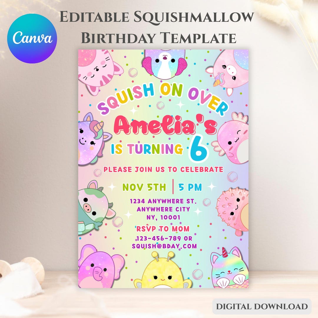 Squishmallow Birthday Invitation: Editable Card Party Template (canva ...