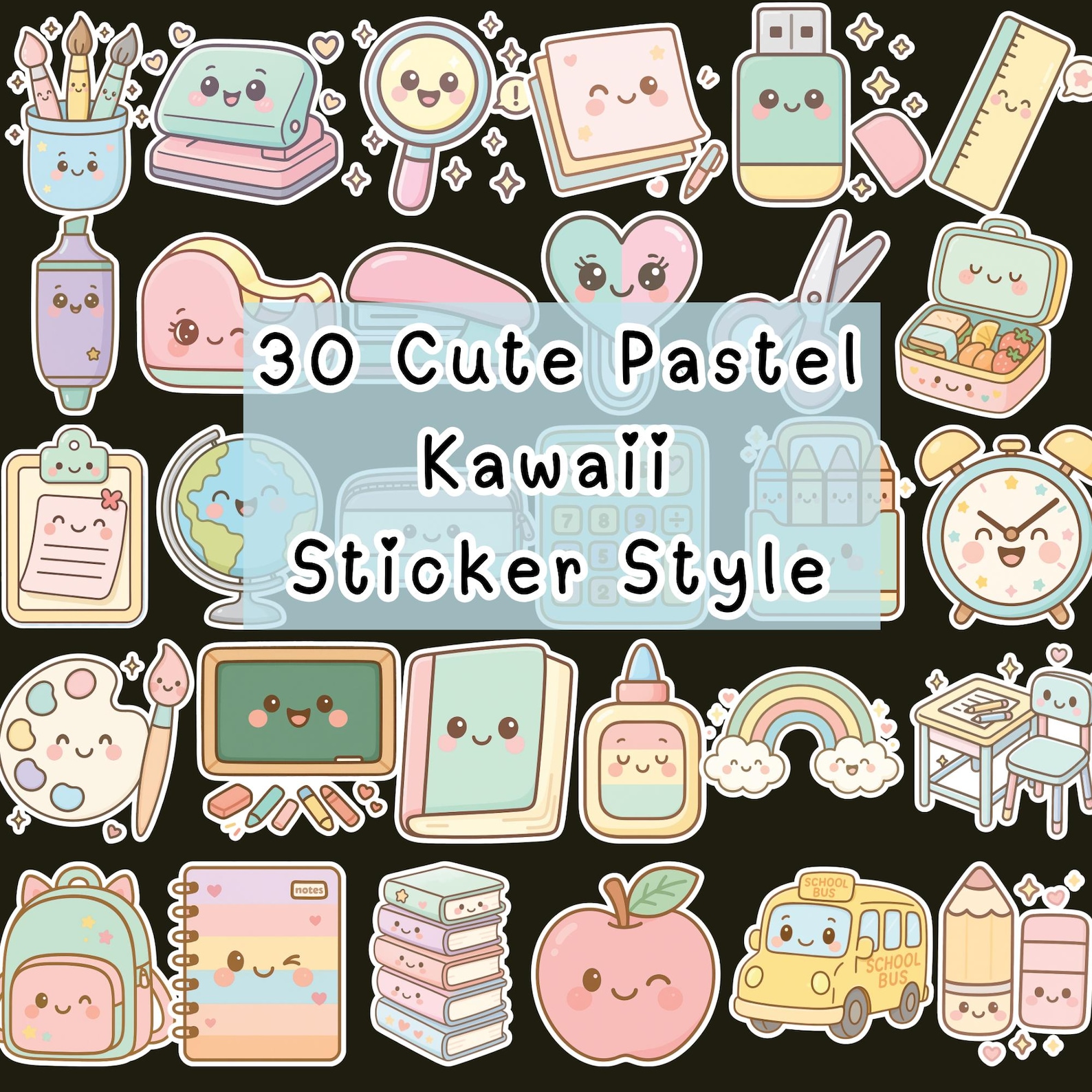 30 Kawaii School Supply Clipart Pastel Pngs ( Digital Download) - Etsy