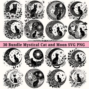 Mystical Cat SVG Bundle: Witchy Moon Clipart (30 Files, Instant ...