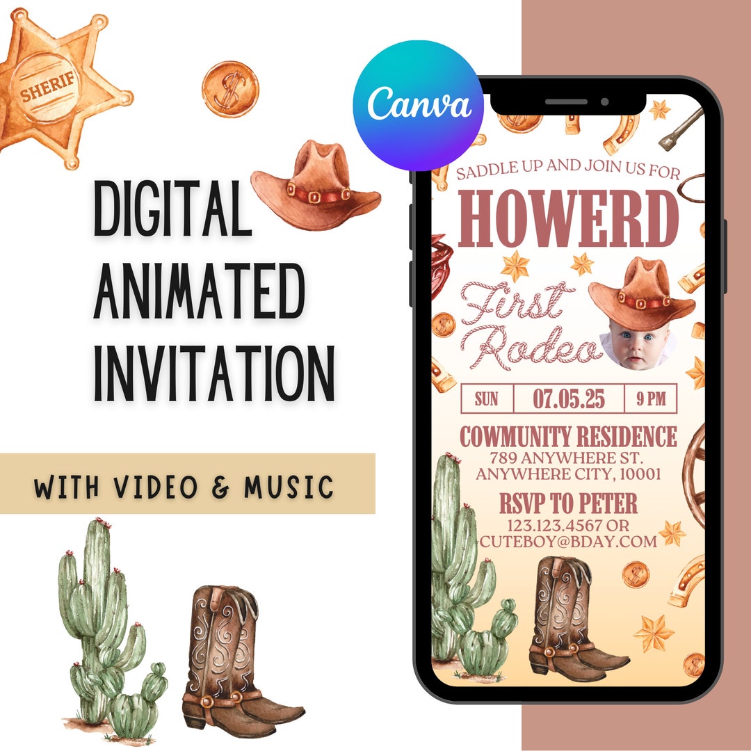 Editable First Rodeo Birthday Invitation: Cowboy Western Theme ...