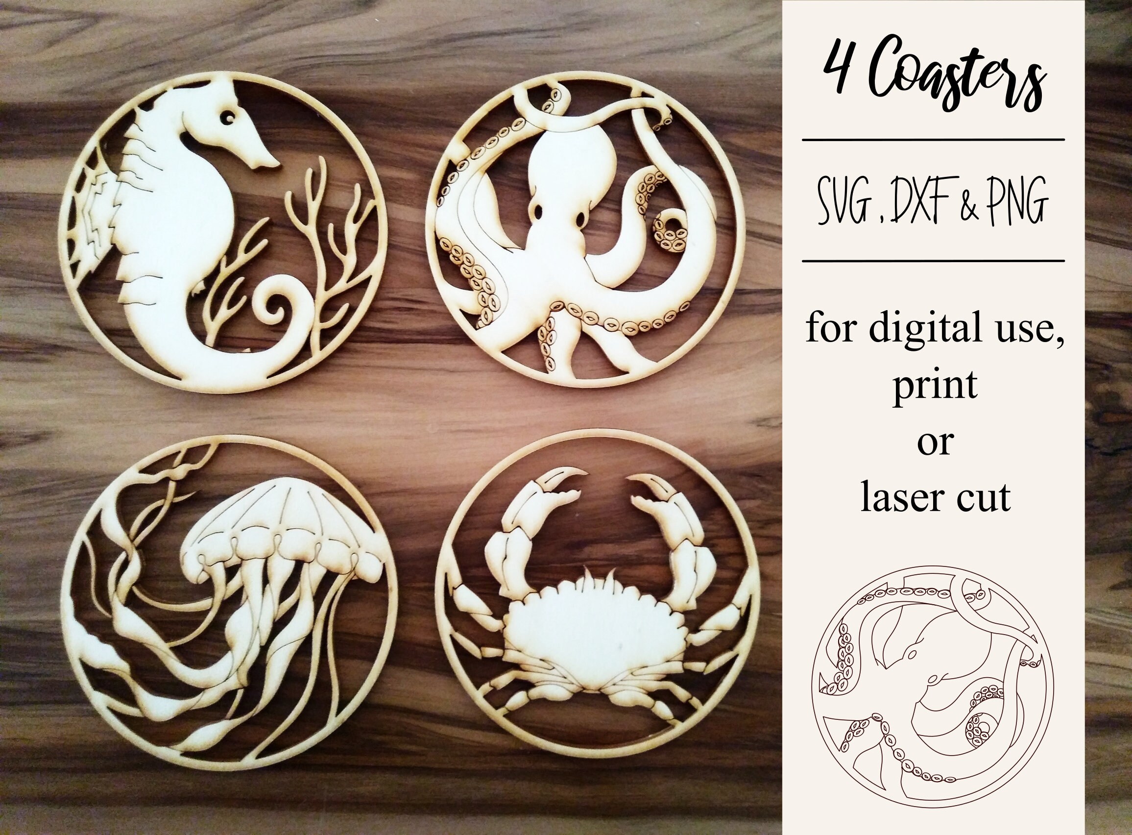 Ocean Themed Coasters Svg Dxf Files Crab Octopus Seahorse Jellyfish - Etsy