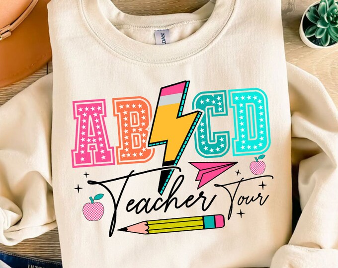 Retro ABCD Teacher Tour Png, First Day of School Teacher Bright Doodles ...