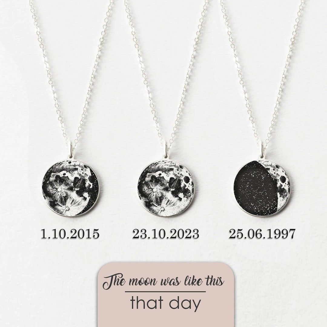 Custom Birth Moon Phase Necklace • Silver Moon Necklace • Moon Date ...