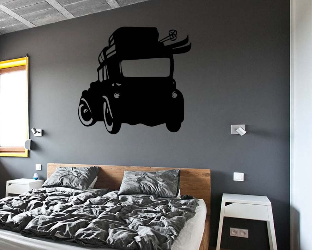 Retro Car Wall Decal Car Sticker Mountain Trip Garage Decal Ski Car ...