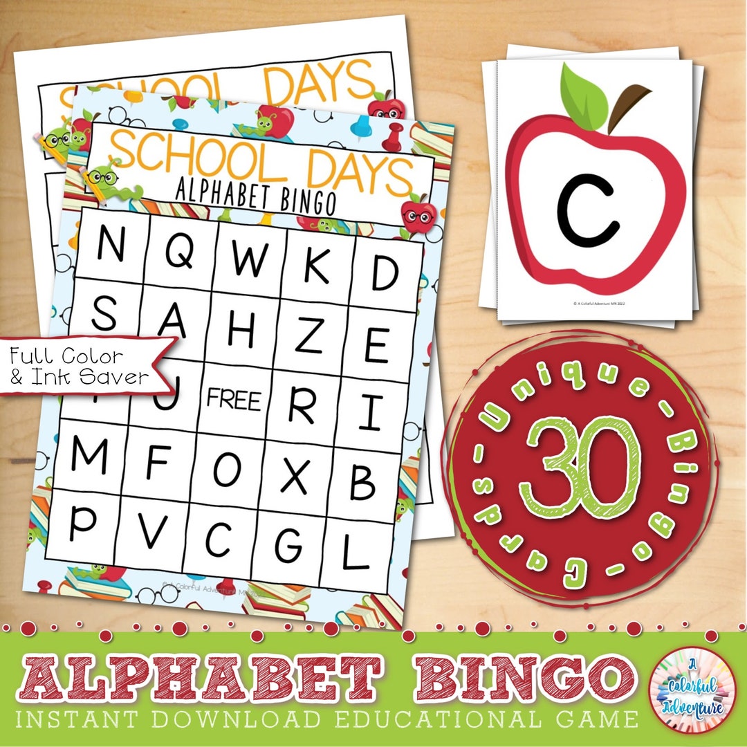 School Days Printable Alphabet Letter Bingo Game for Kids, Alphabet ...