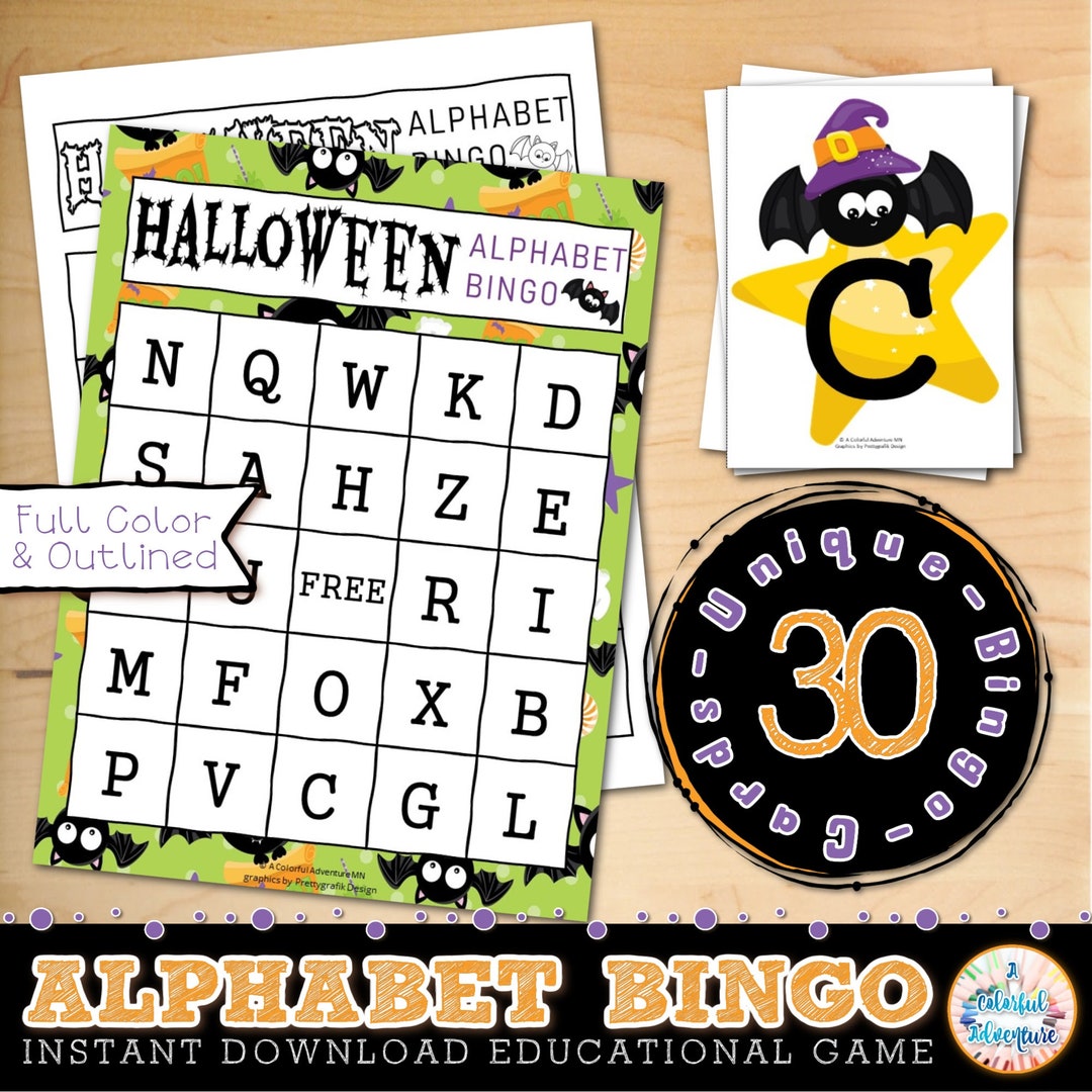 Halloween Alphabet Bingo Game for Kids: 30 Printable Cards (digital ...