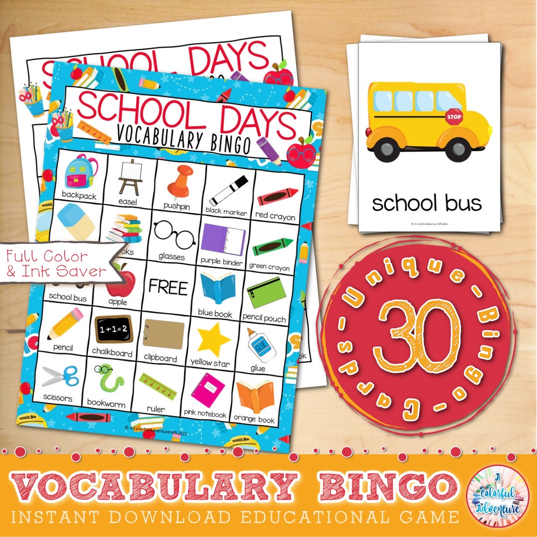 School Days Printable Vocabulary Bingo Game for Kids, Back to School or ...