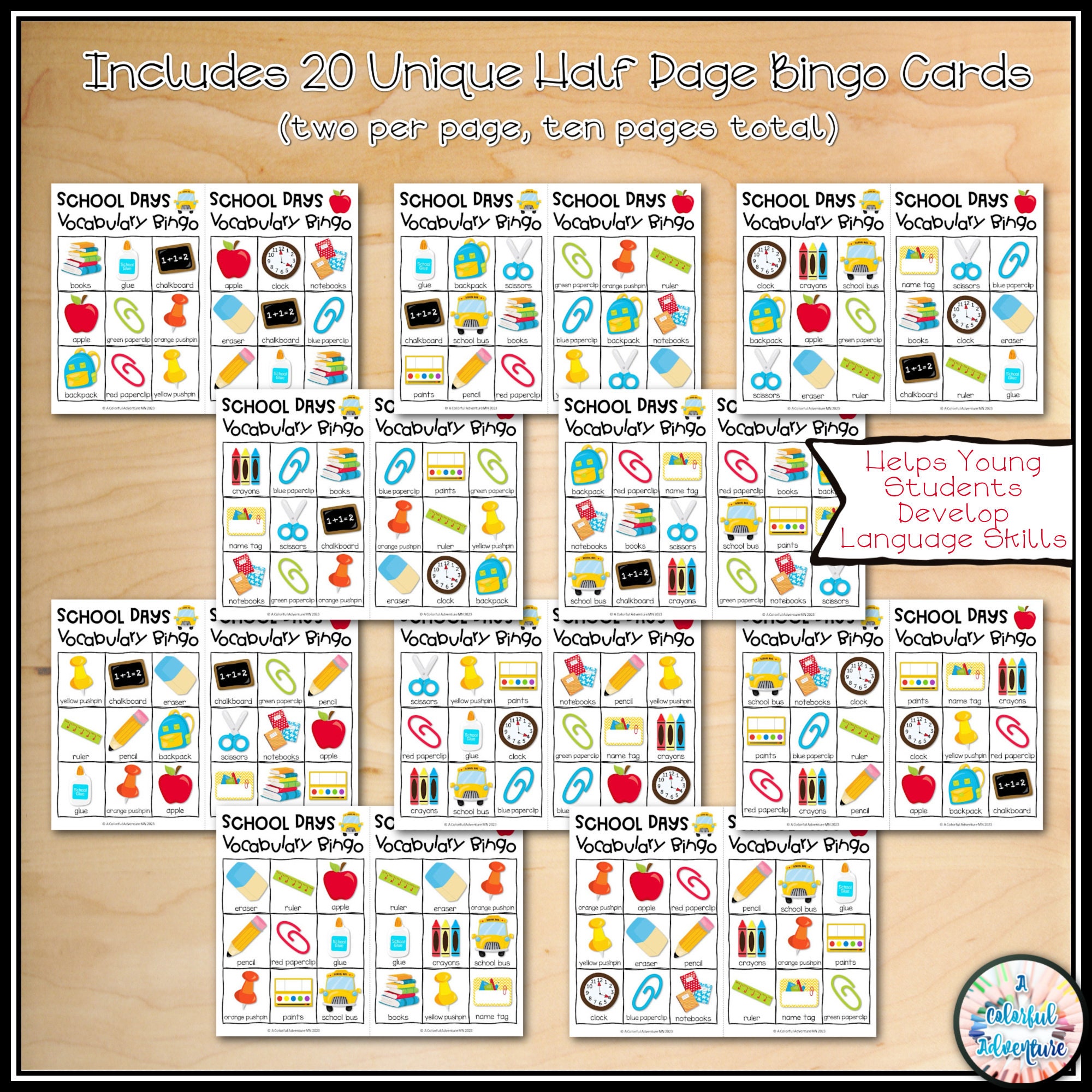 School Days Preschool Printable Bingo Game Set, Back to School or End ...