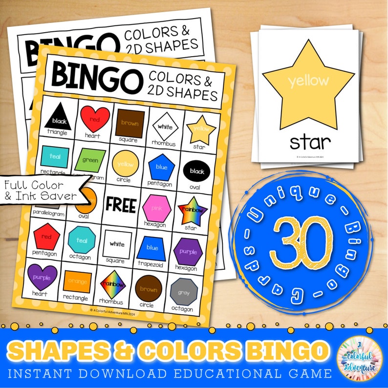 Colors and Shapes Bingo Game for Kids: 30 Printable Cards (digital ...
