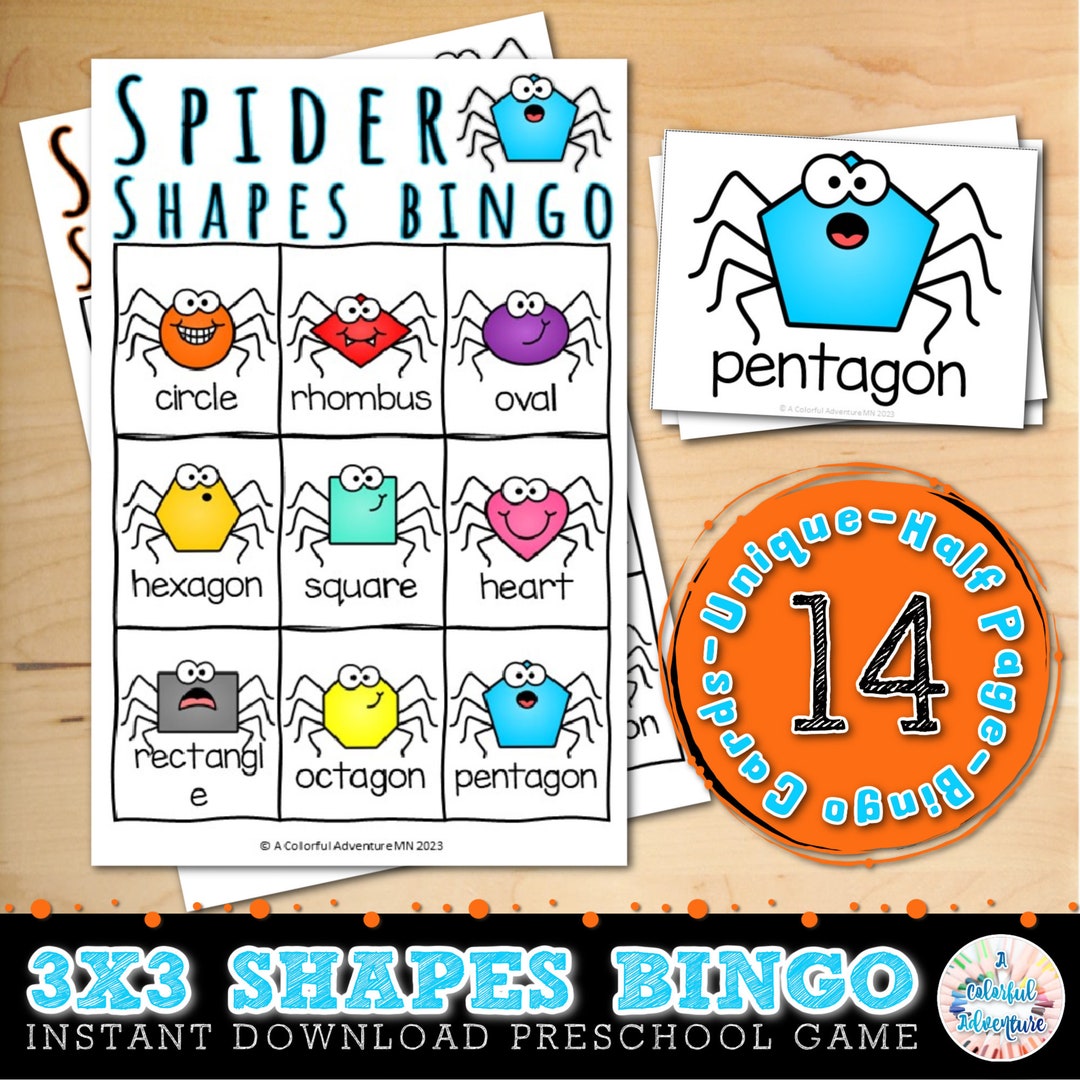 Spider Shapes 3x3 Preschool Bingo Printable, Kids Party Game, Shape ...