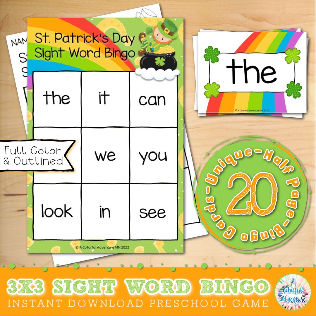 St. Patrick's Day Sight Word 3x3 Preschool Bingo Printable, Kids Party ...