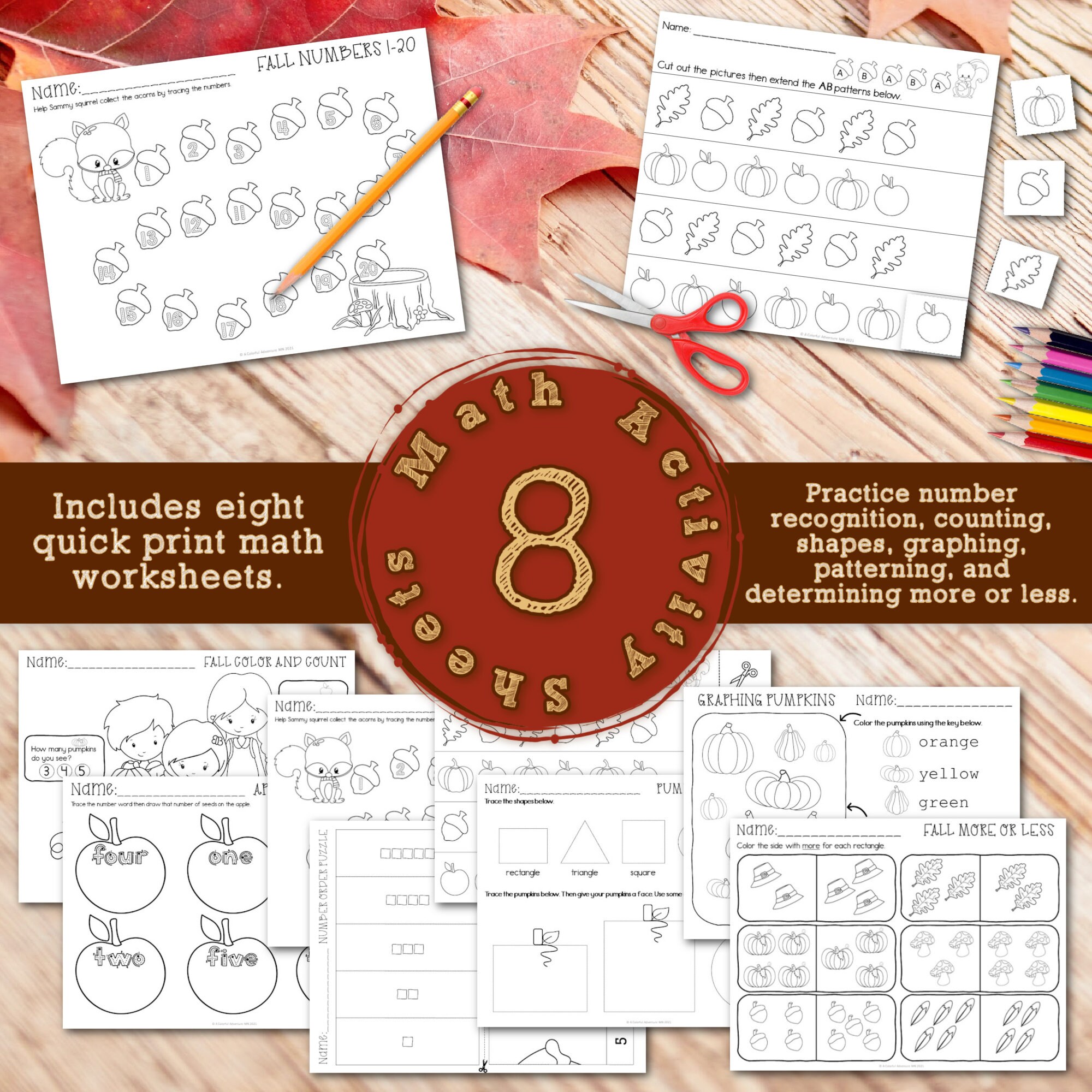 Fall Preschool Printables for Kids Math Activity Bundle With Fine Motor ...