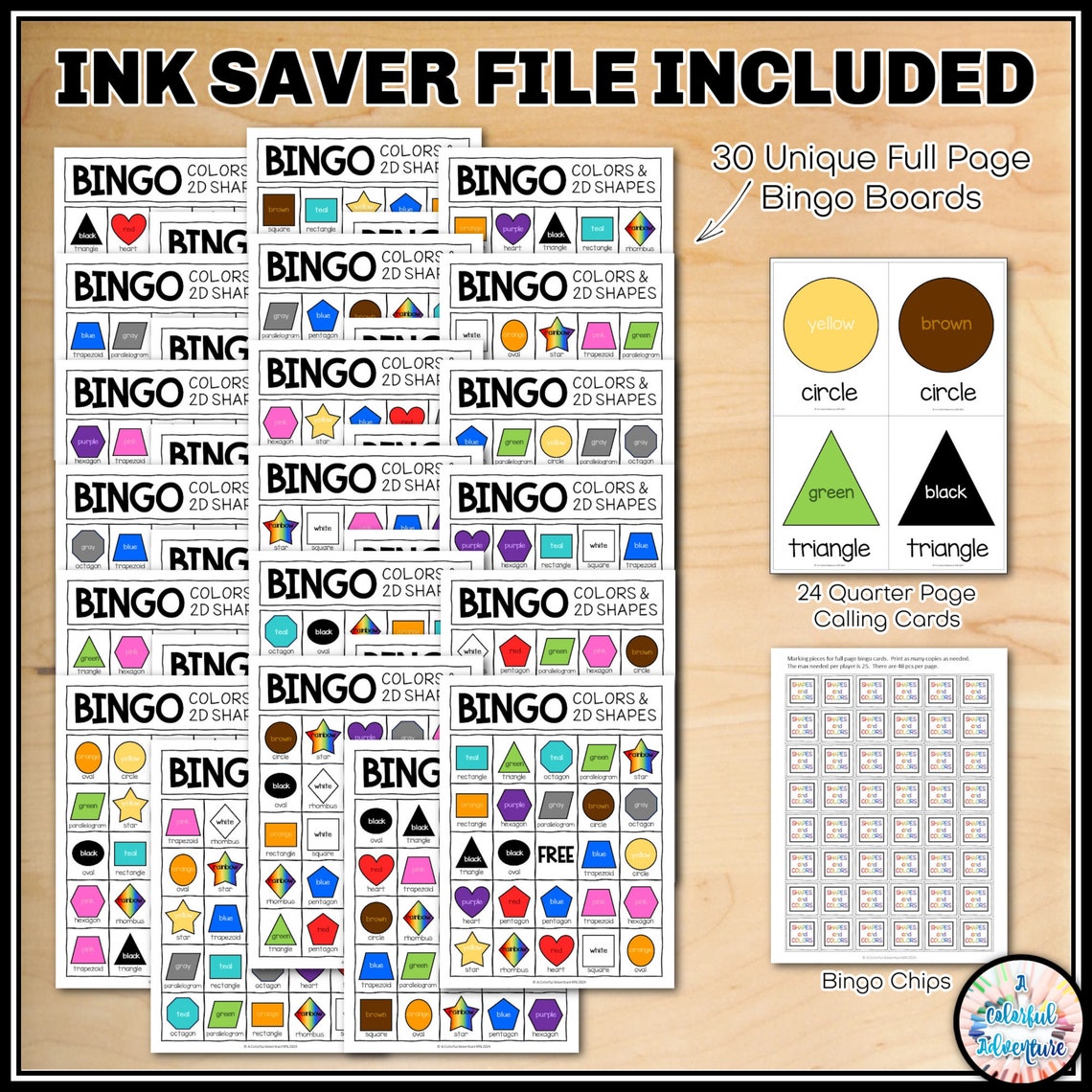 Colors and Shapes Bingo Game for Kids: 30 Printable Cards (digital ...