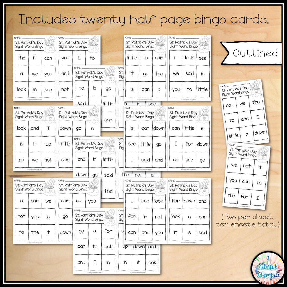 St. Patrick's Day Sight Word 3x3 Preschool Bingo Printable, Kids Party ...