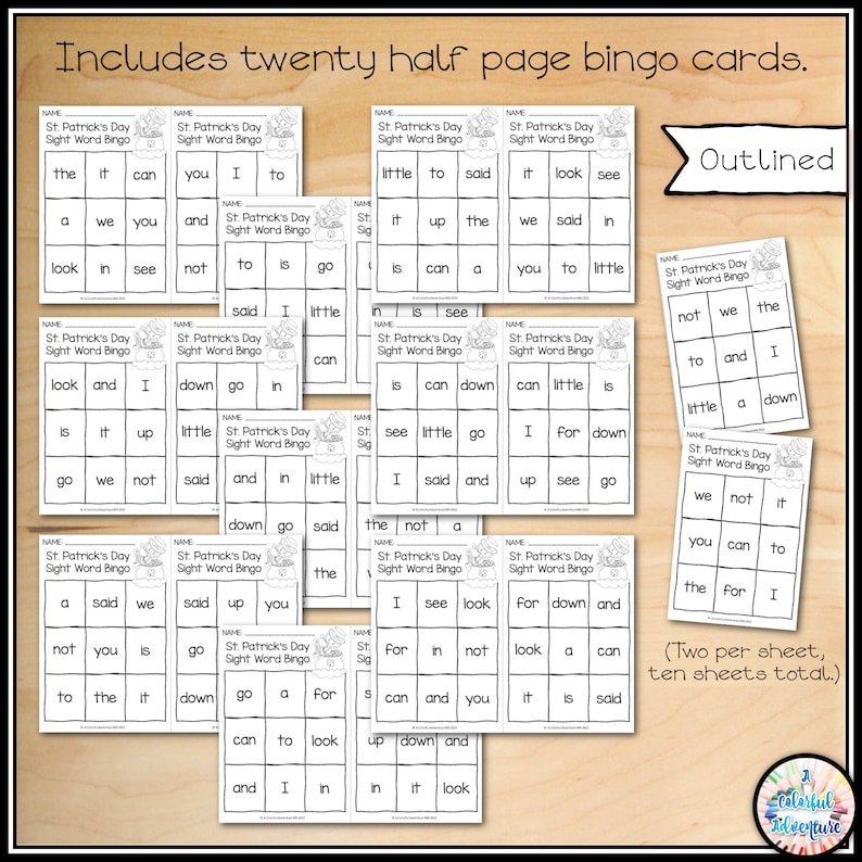 St. Patrick's Day Sight Word 3x3 Preschool Bingo Printable, Kids Party ...