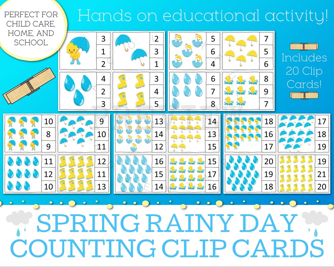 Rainy Day Counting Clip Cards Counting 1-20 Fine Motor | Etsy