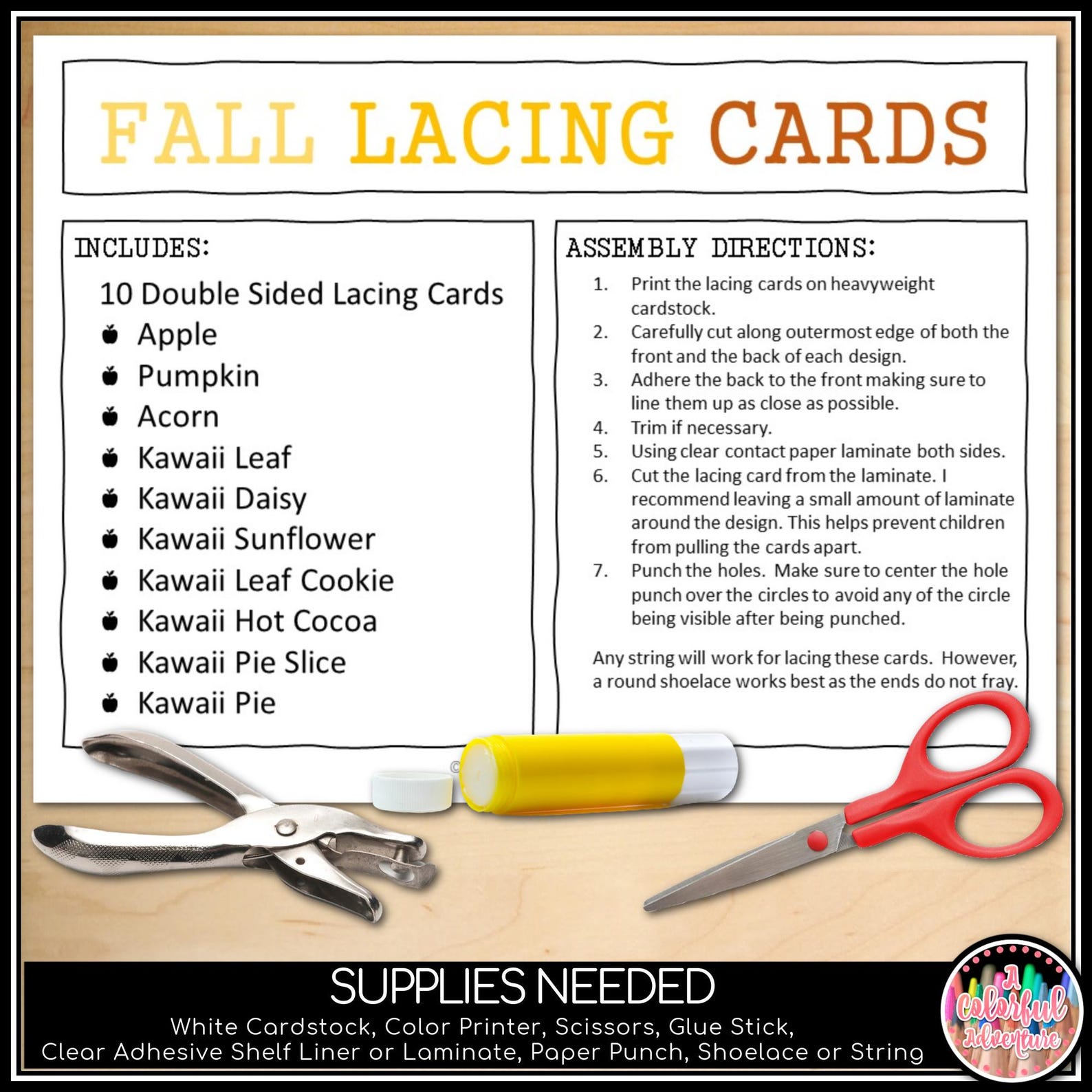 Fall Lacing Cards: Fine Motor Skills Activity Includes Ten Double-sided ...