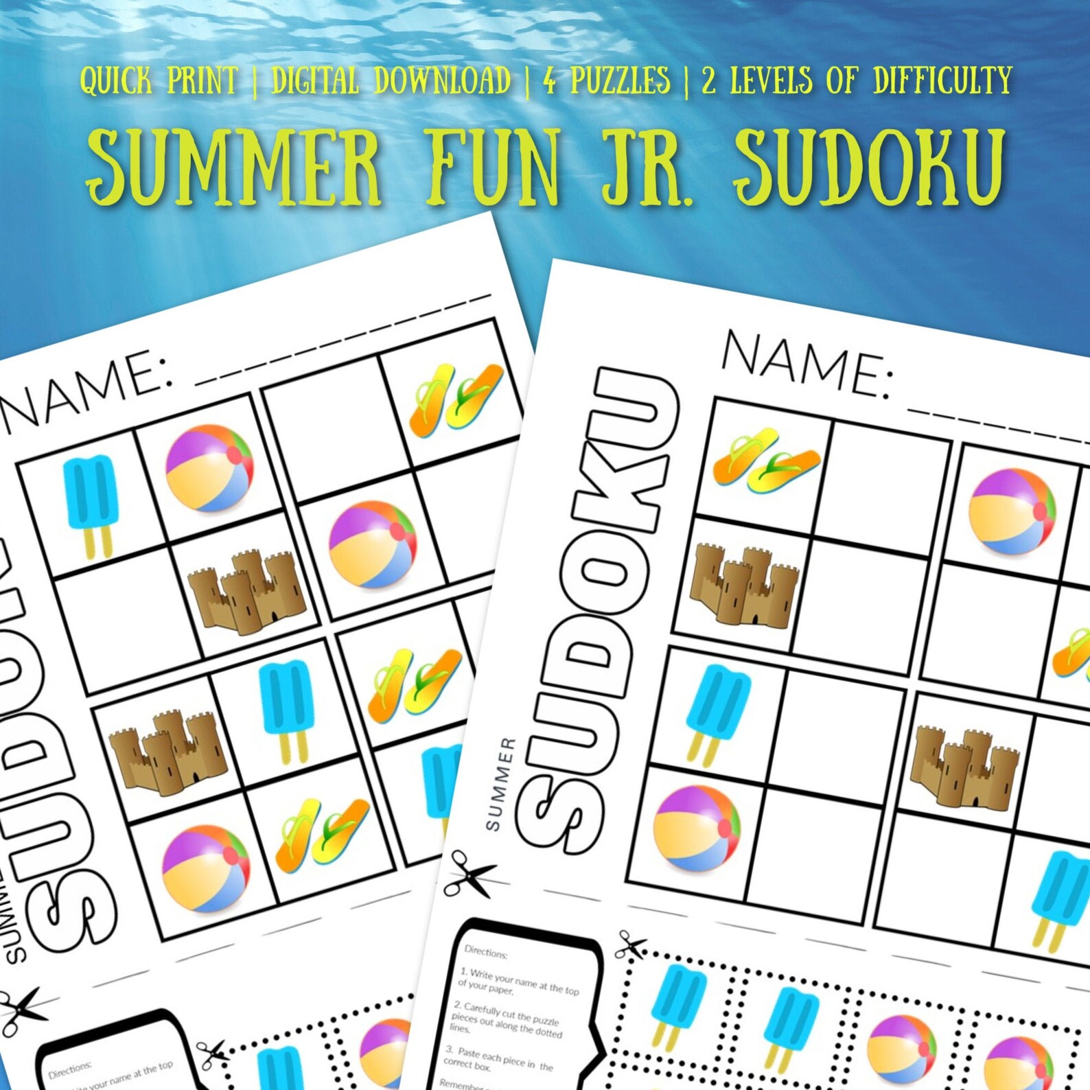 Sudoku For Kids 4x4 Summer Fun Beach Printable | Etsy