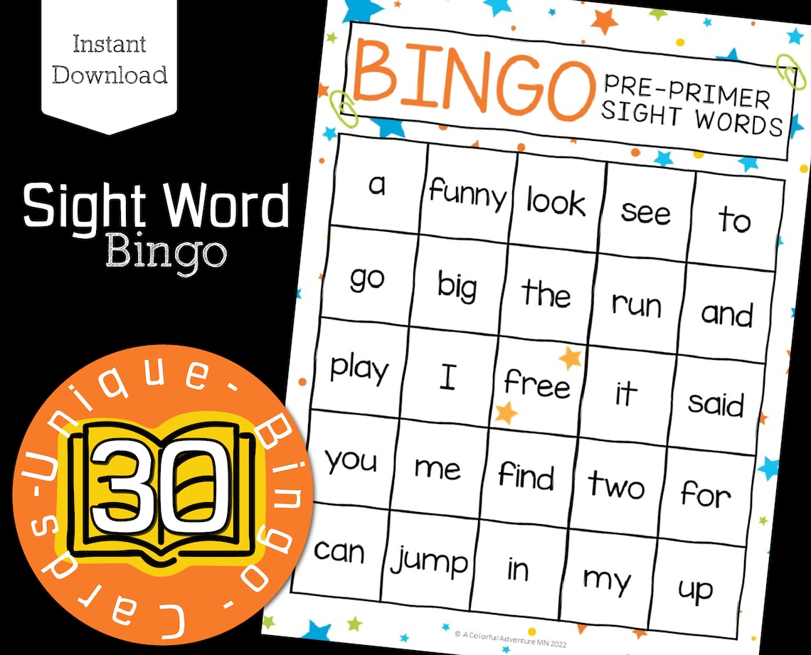 Sight Word Bingo Printable, Kids School Party Game, Kindergarten Bingo ...
