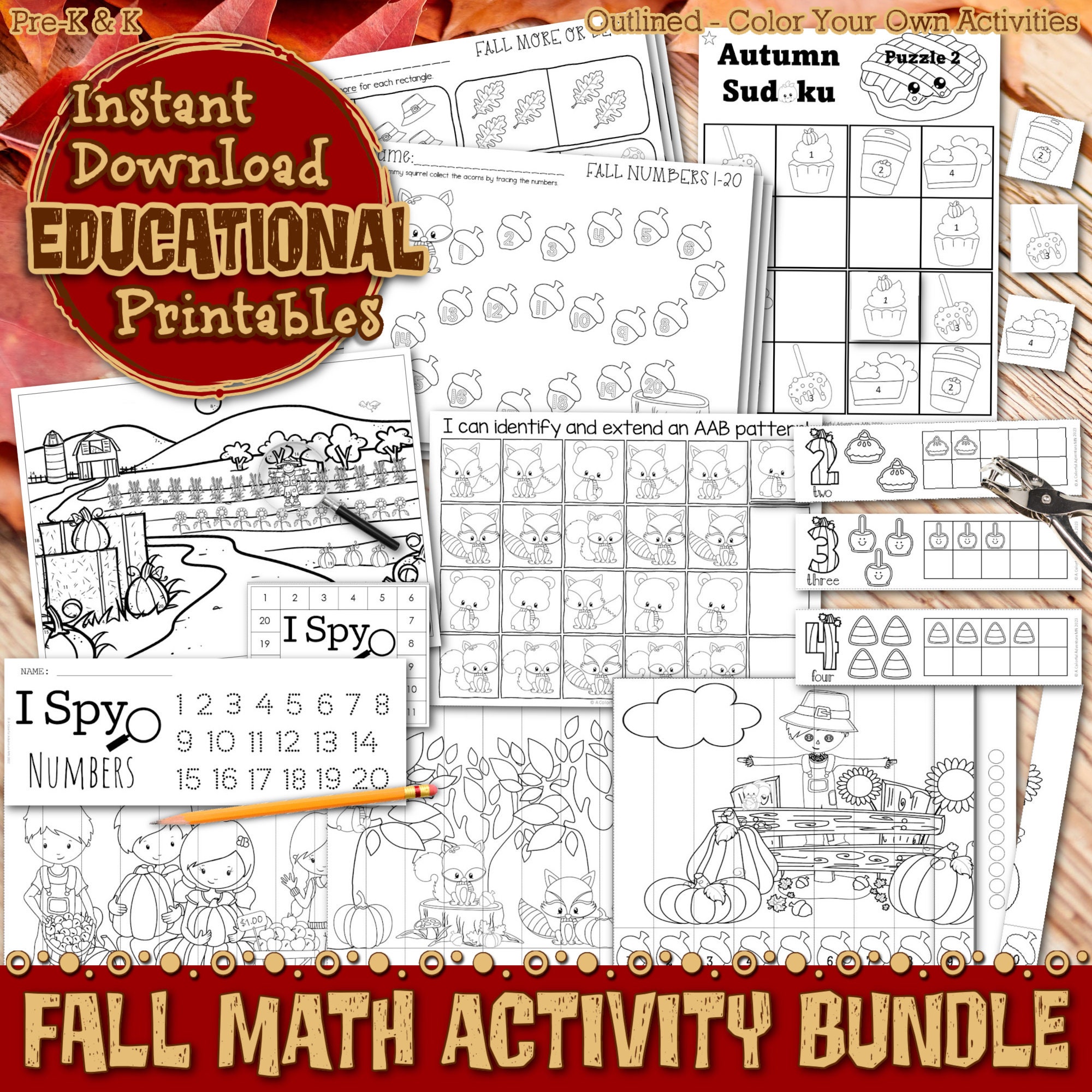 Fall Preschool Printables for Kids Math Activity Bundle With Fine Motor ...