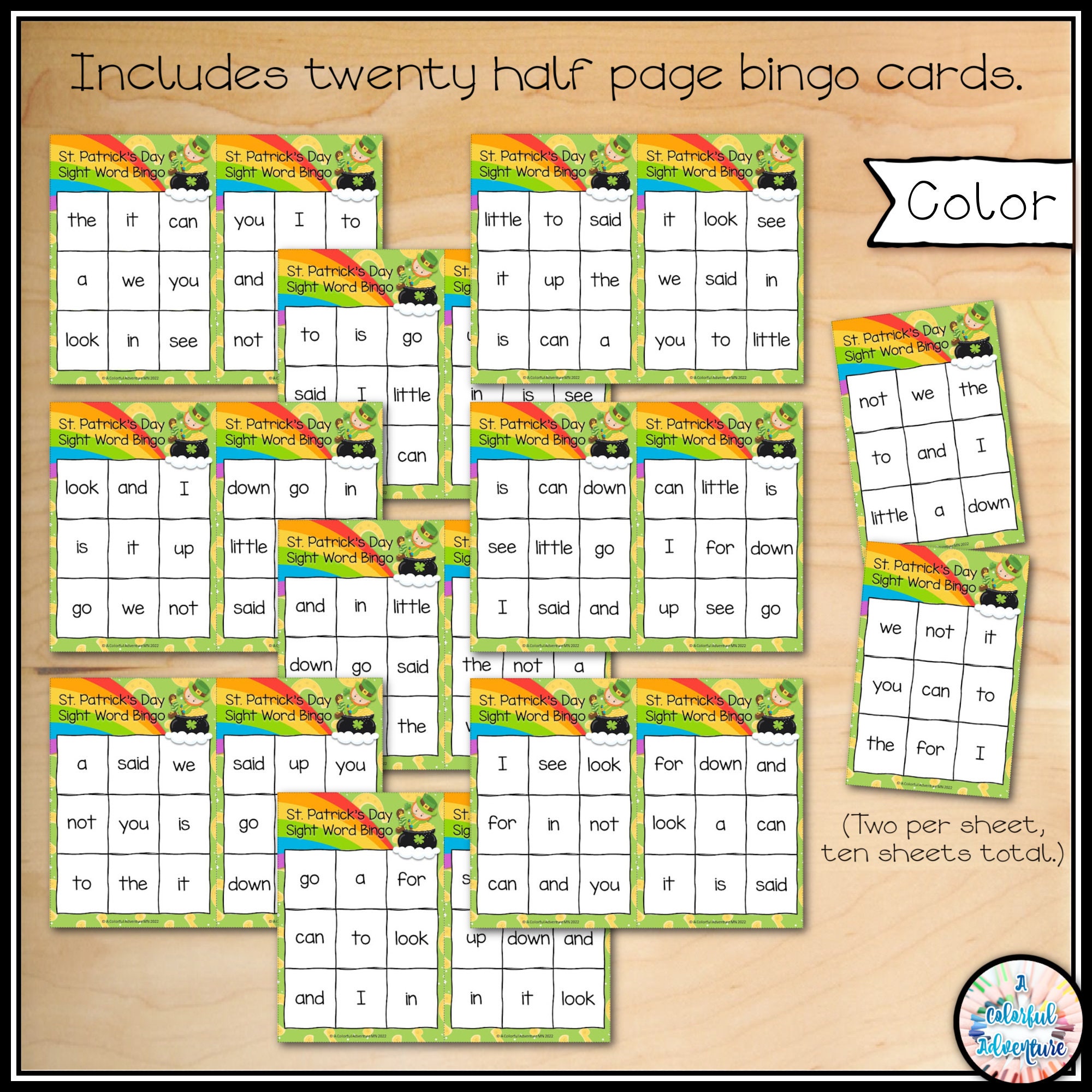 St. Patrick's Day Sight Word 3x3 Preschool Bingo Printable, Kids Party ...