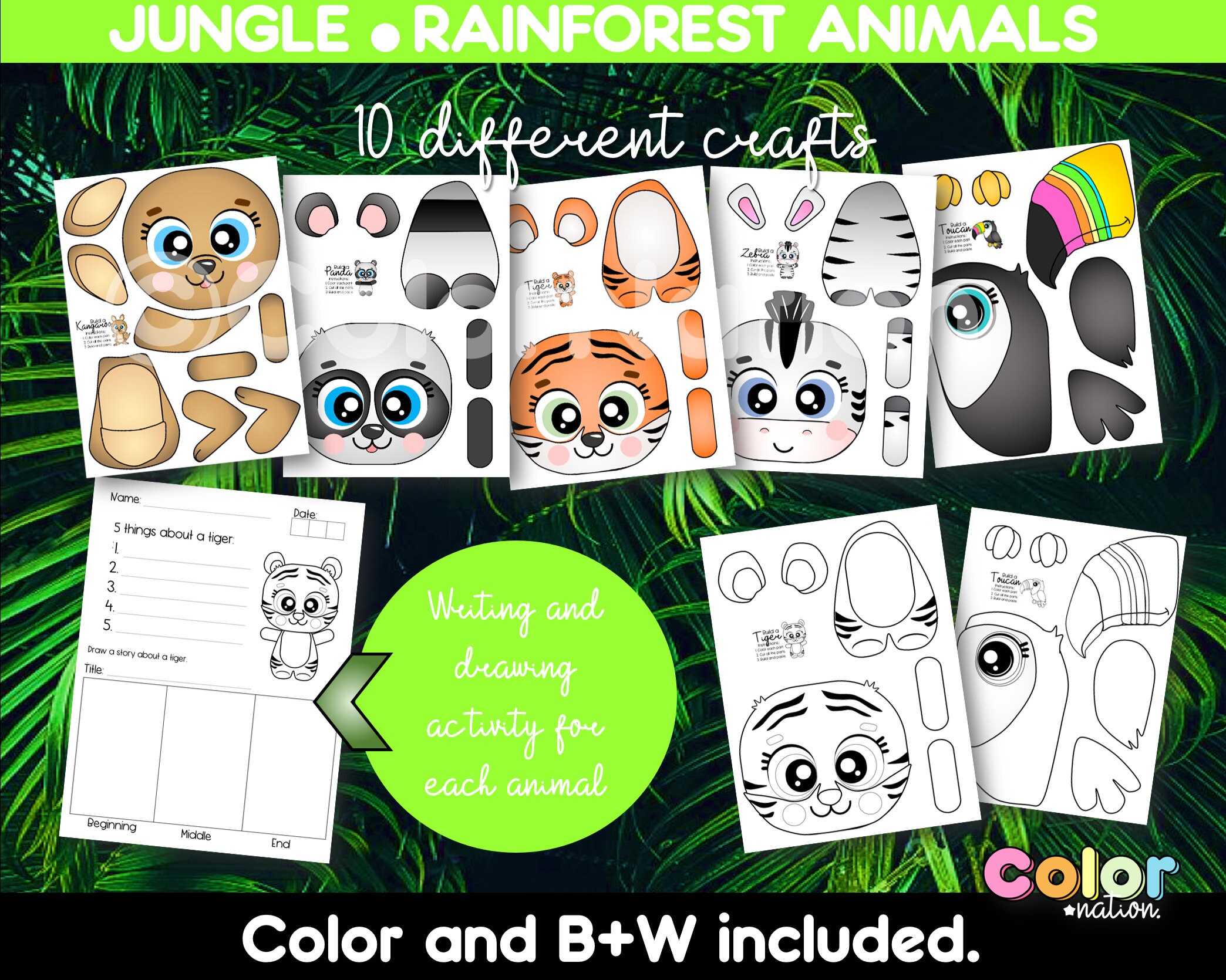 Jungle Animals BUNDLE of Printable Crafts - Zoo Animals - Rainforest ...