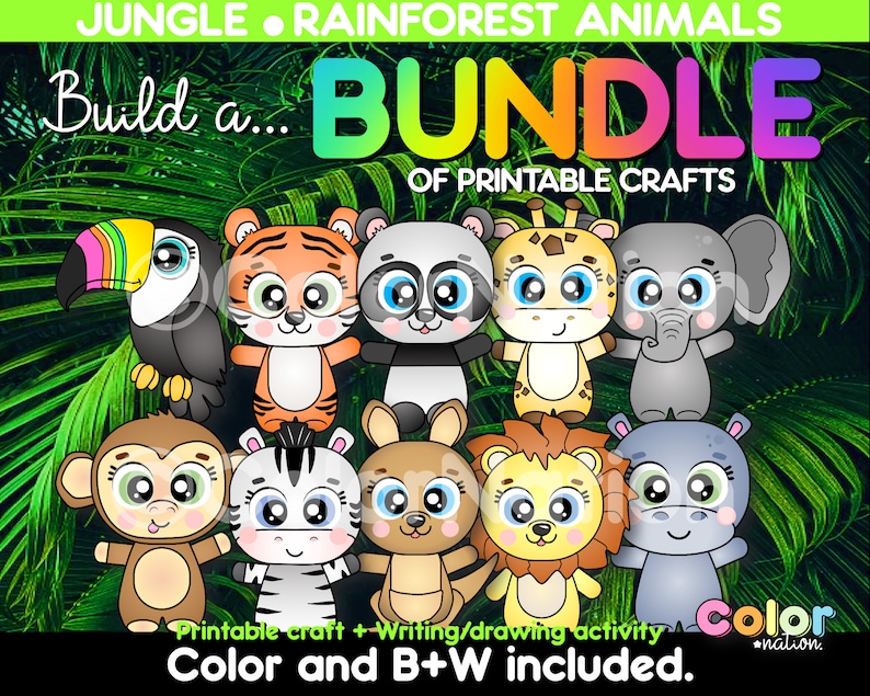 Jungle Animals BUNDLE of Printable Crafts - Zoo Animals - Rainforest ...