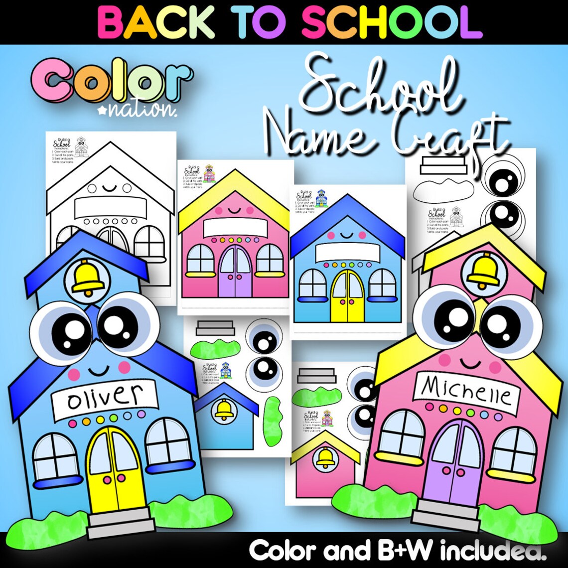 Back to School Name Craft School Building Kindergarten Bulletin Board ...