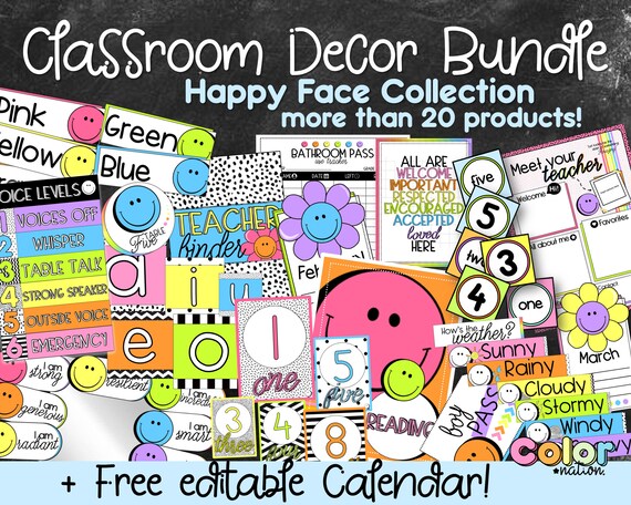 Classroom Decor Bundle Happy Face FREE Editable Calendar - Etsy