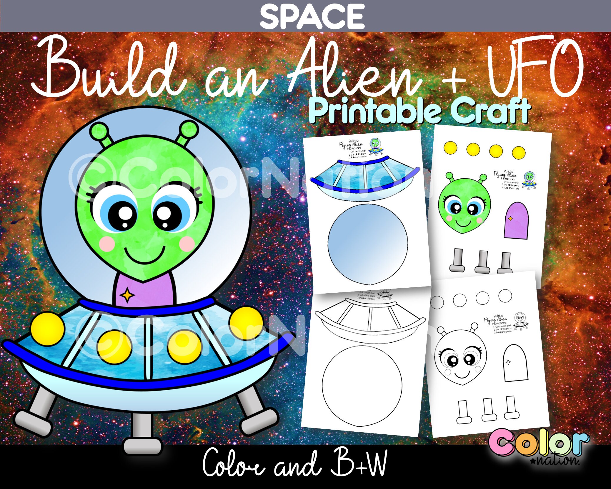 Build an Alien + UFO Printable Craft - Spaceship - Outer Space Coloring ...
