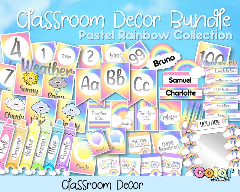 Paquete de decoración para el aula: colección de arcoíris pastel ...