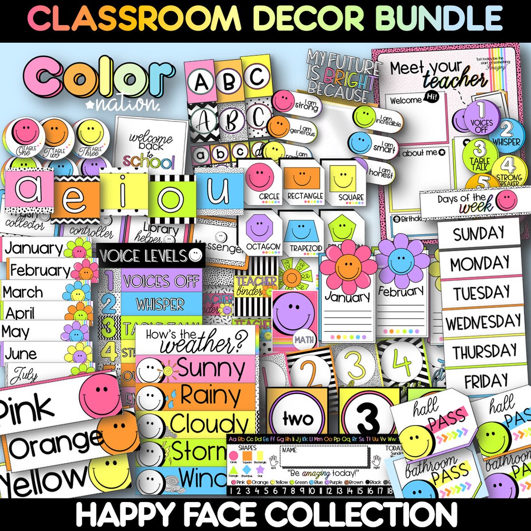 Classroom Decor Bundle Happy Face + FREE Editable Calendar Included ...