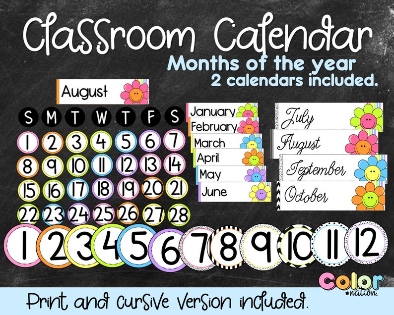 Classroom Calendar Display PRINT & CURSIVE Included | Months of the ...
