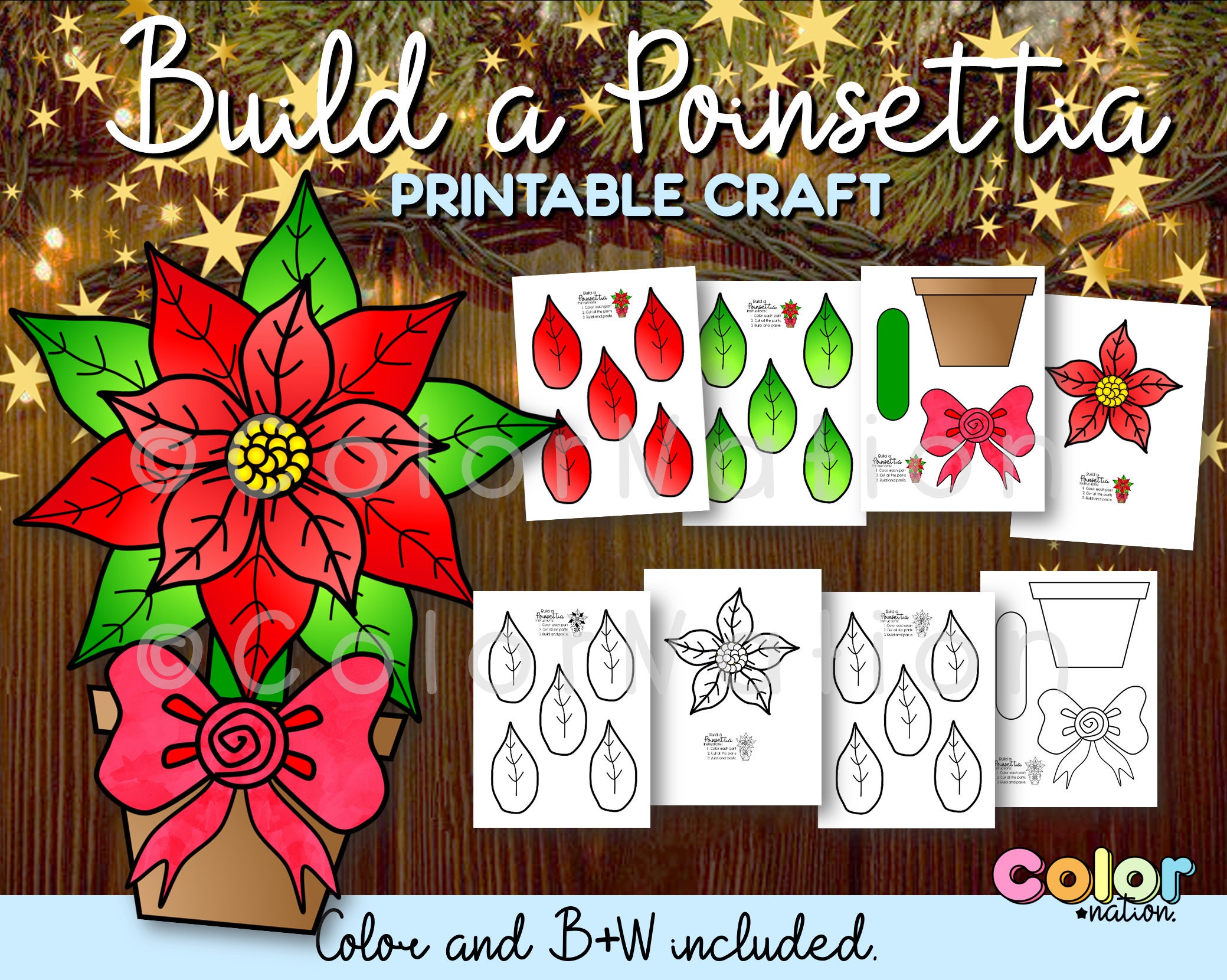 Build a Poinsettia Craft - Christmas Coloring Pages - Winter Craft - Etsy