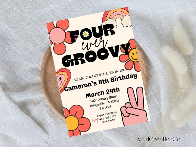 Four Ever Groovy 4th Birthday Invitation: Retro Party Template (canva ...