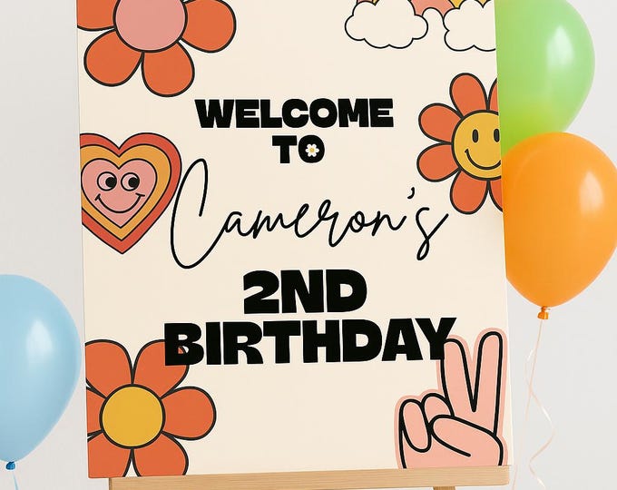 Editable Welcome Sign Groovy Party Sign, Rainbow Birthday Poster ...