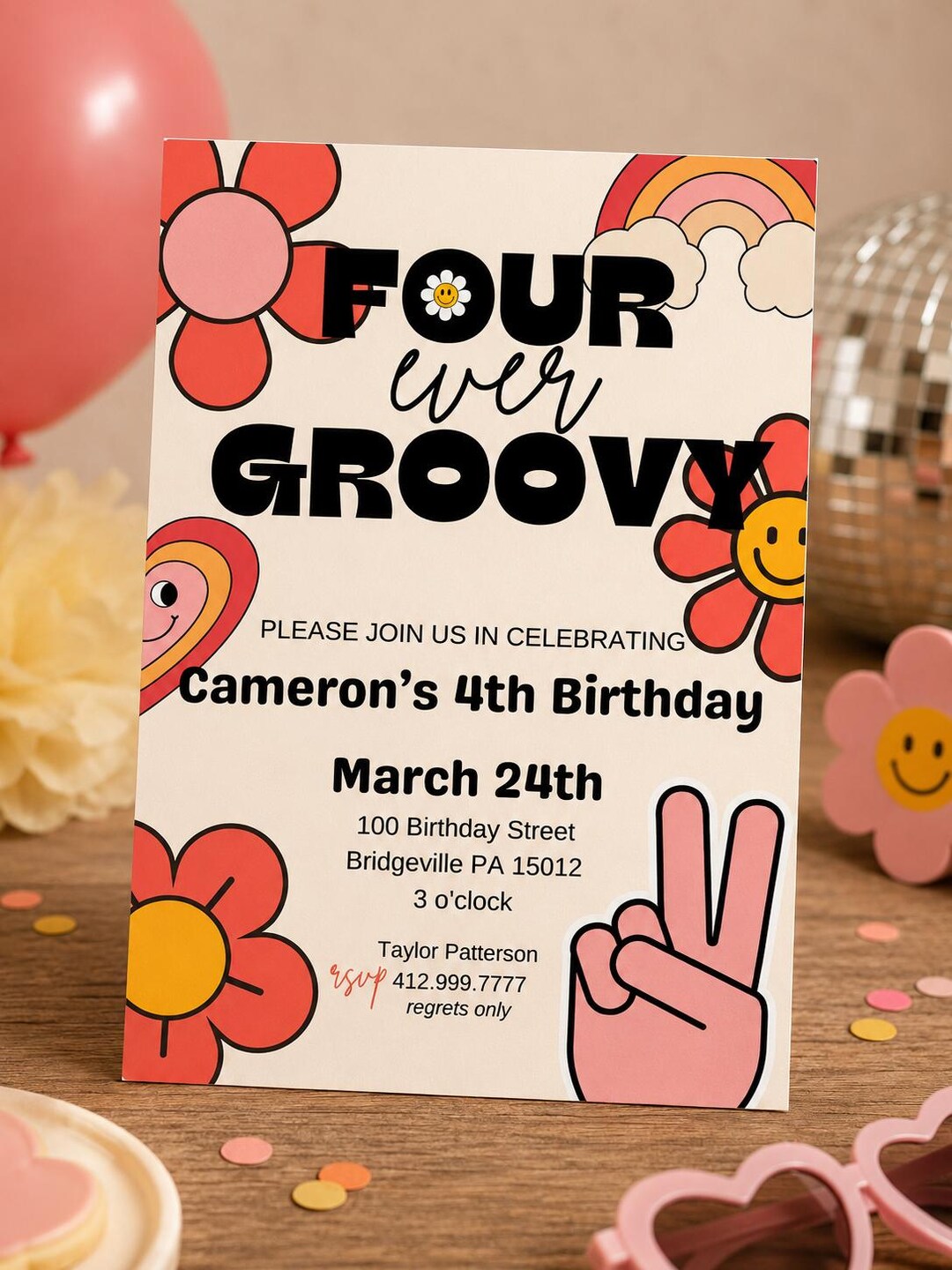Four Ever Groovy 4th Birthday Invitation: Retro Party Template (canva ...
