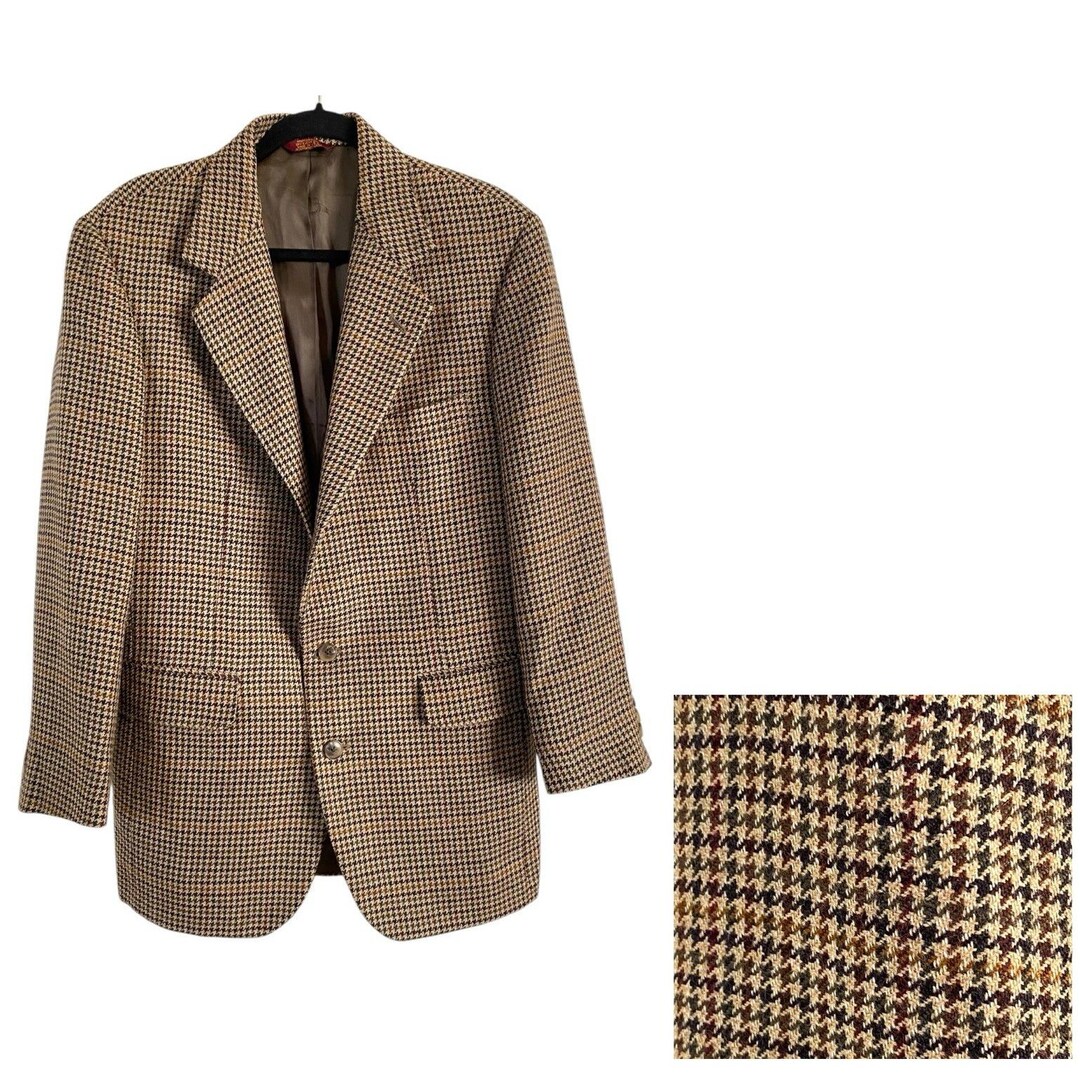 Vintage Corbin Mens Houndstooth Wool Blazer Beige Brown Navy Red Size ...