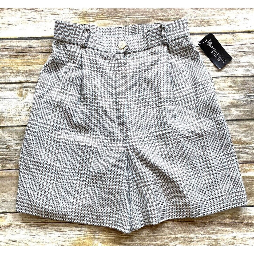 Vintage Evan Picone Petites Houndstooth Lined Shorts Light Blue & Taupe ...