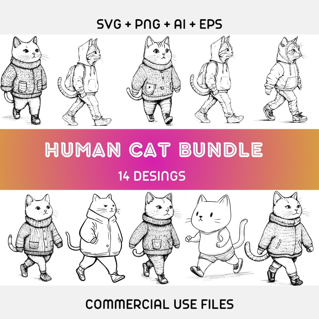 Cat Bundle Svg, Human Animal Svg, Retro Human Cat, Cat Human Wall Art ...