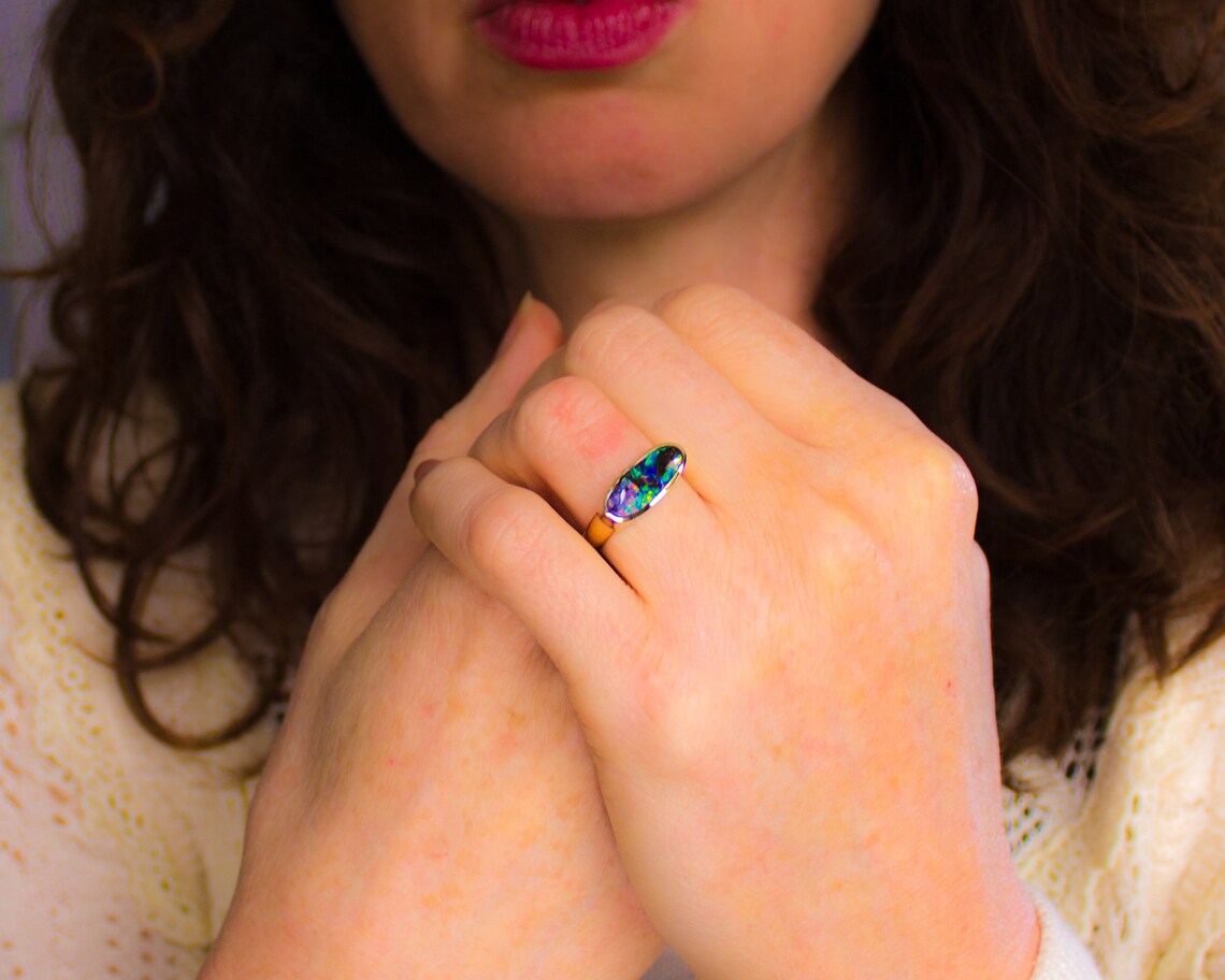 Boulder Opal Ring Unique Modern Engagement Ring Solid Opal Ring Multi ...