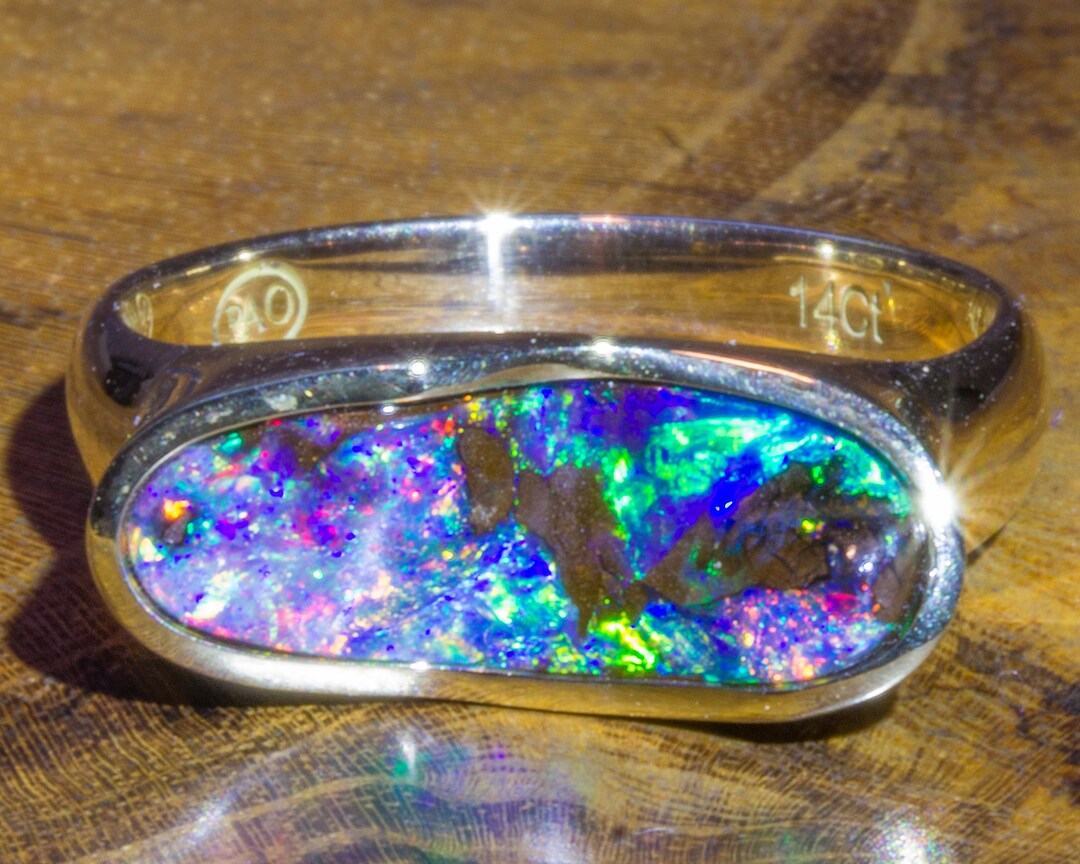 Boulder Opal Ring Unique Modern Engagement Ring Solid Opal Ring Multi ...