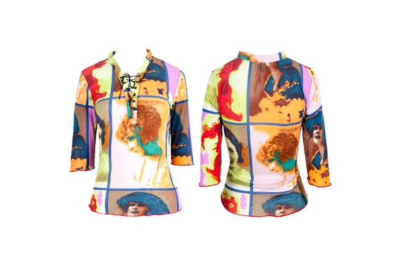 Vintage early 2000s pop art portraits mesh top / Mult… - Gem