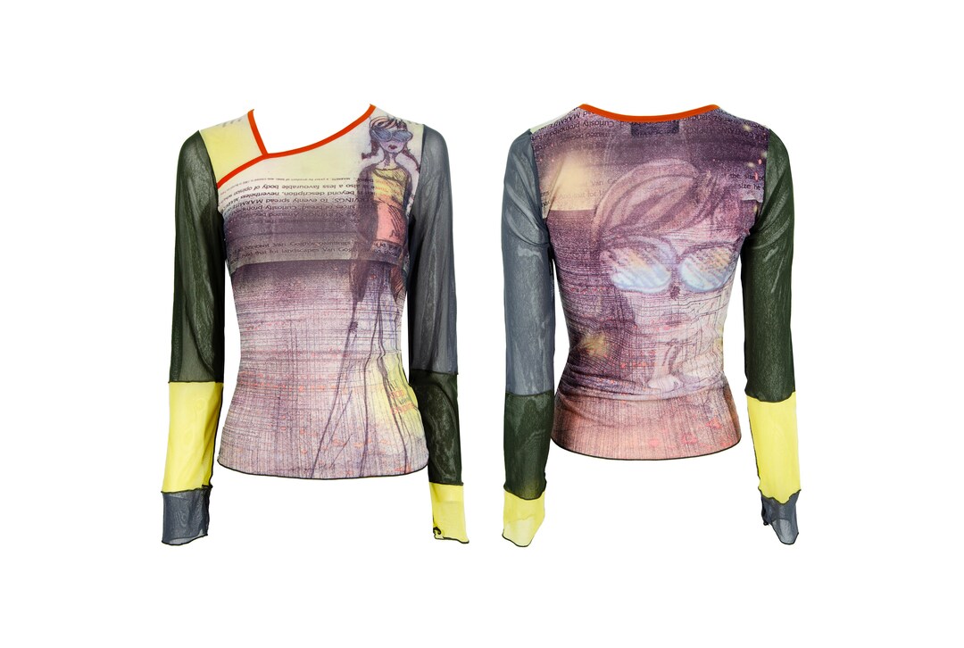 2000s Cop Copine Sheer Mesh Top / Y2K Abstract Collage Print Long ...