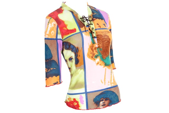 Vintage early 2000s pop art portraits mesh top / Mult… - Gem