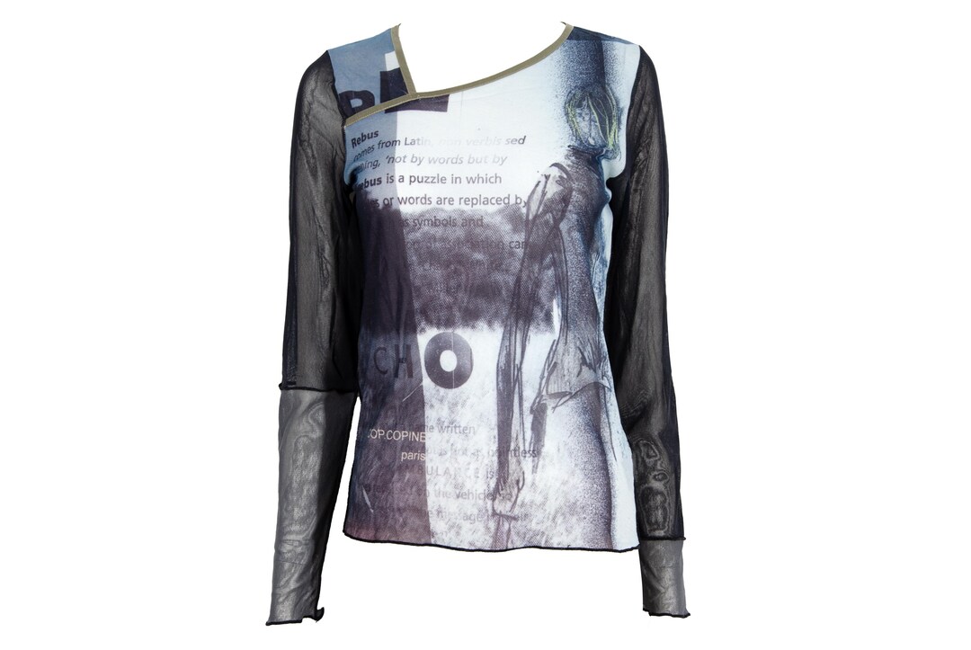 2000s Cop Copine Sheer Mesh Top / Y2K Abstract Collage Print Long ...