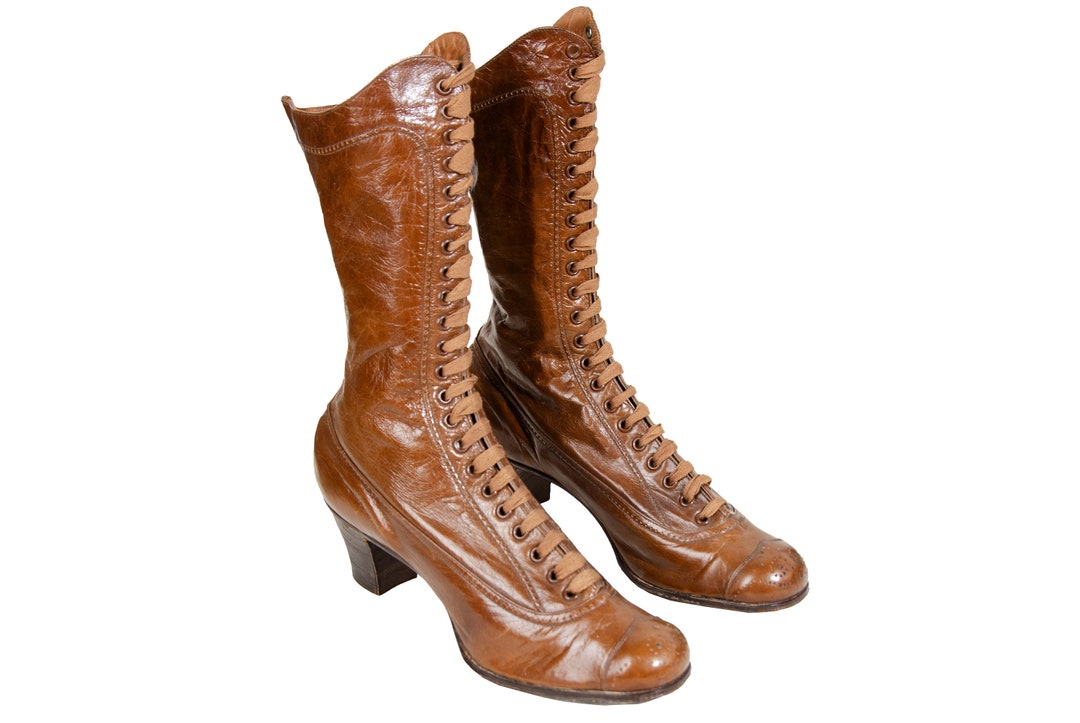 Antique Victorian Lace-up Brown Leather Brogue Heeled Boots - Etsy